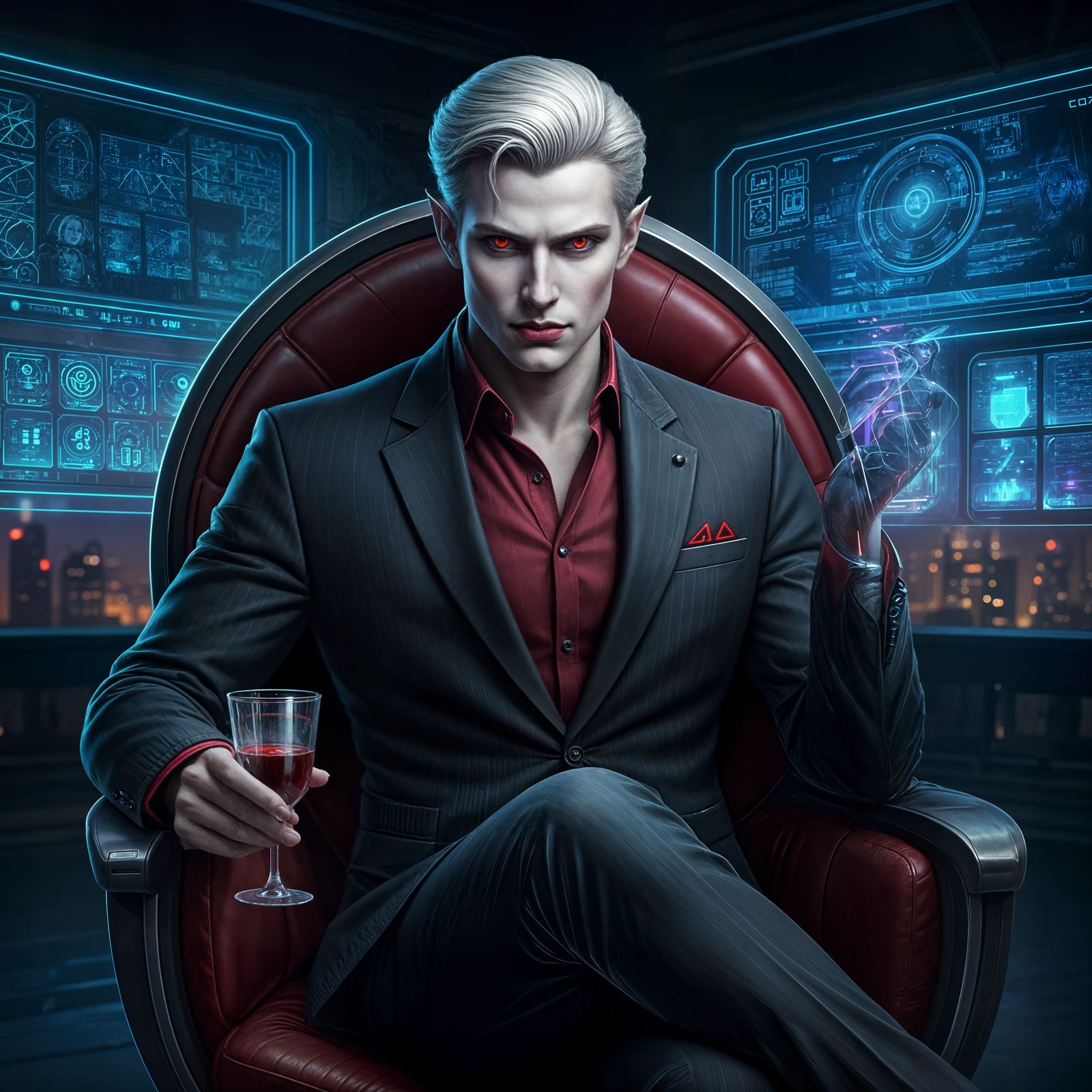 A modern vampire in a dimly lit, high-tech urban loft.