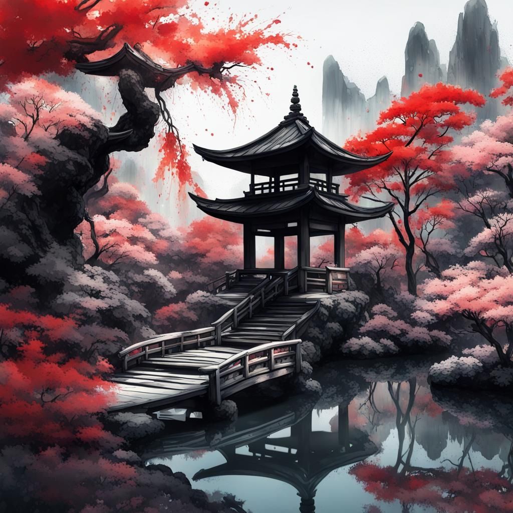 Black Ink Splatter painting of a Japanese garden - AI Generated Artwork ...
