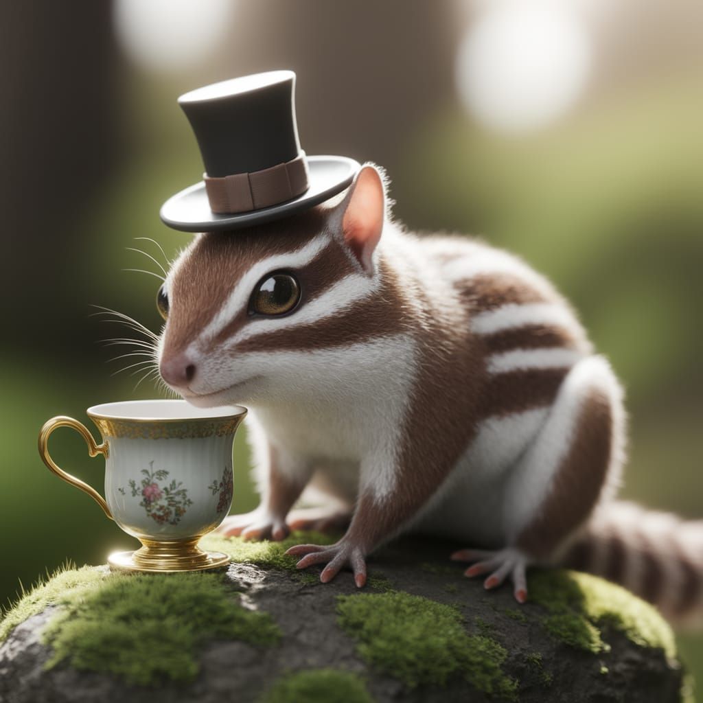 Surreal Hybrid Creature Sips Tea in Sunlit Forest - AI Art