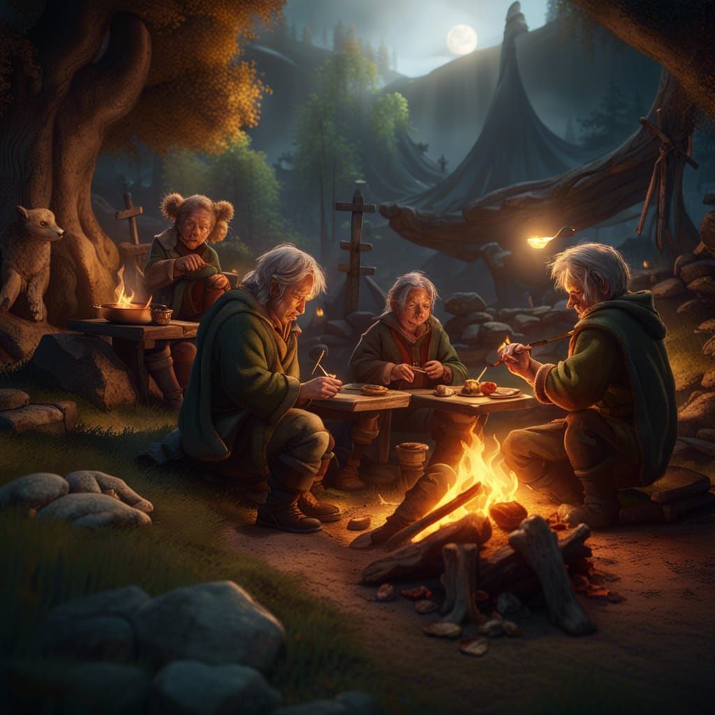 Fantasy serene landscape, hobbits eating by campfire, a masterpiece, 8k ...