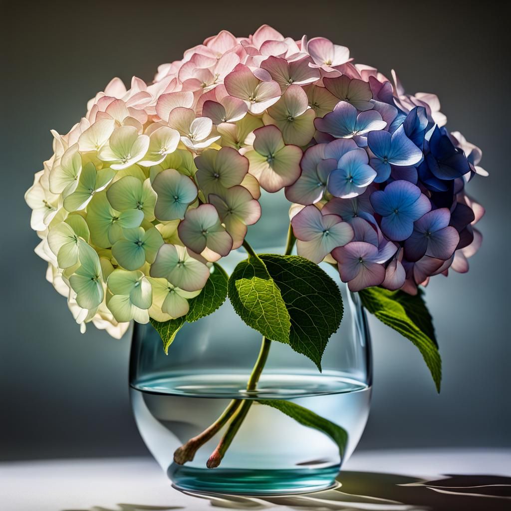 realistic Hydrangea Blossom, glass art, intricate detail, balanced ...