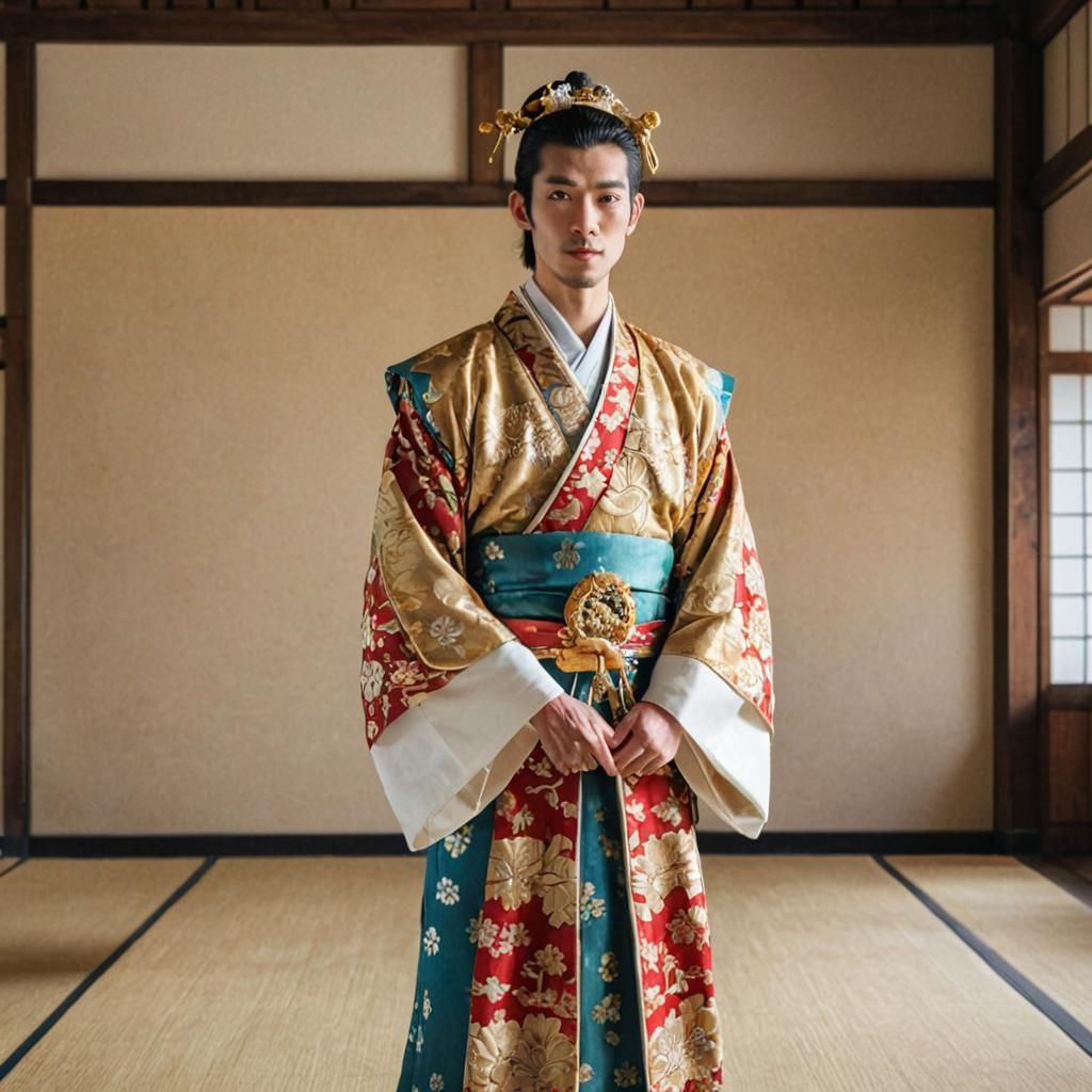Beautiful, handsome,tall and thin Japanese prince, in traditional ...