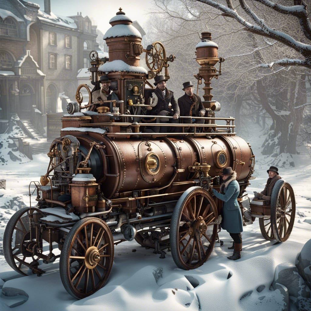 Steampunk mechanics and people, in a big winter wonderland. - AI ...