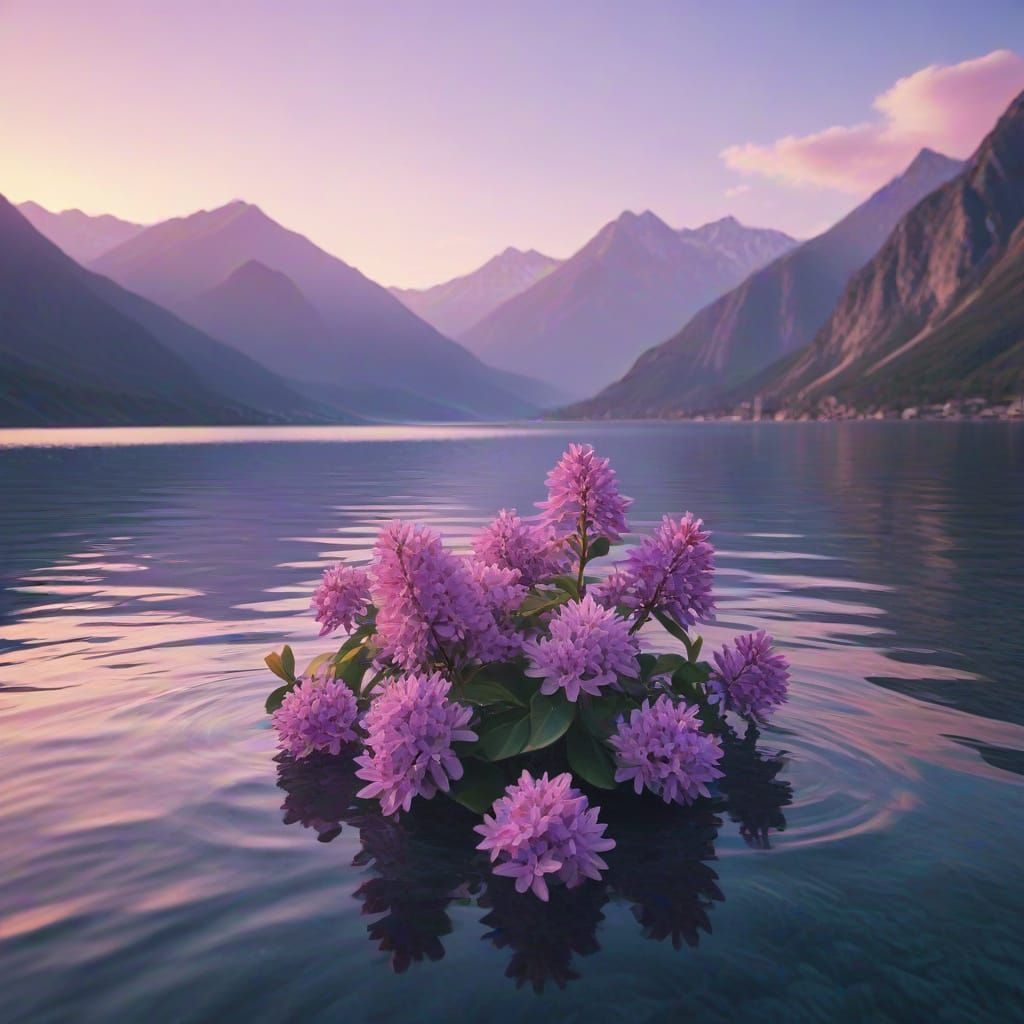 Vaporwave Lilac Flowers on Water at Sunset - AI Art