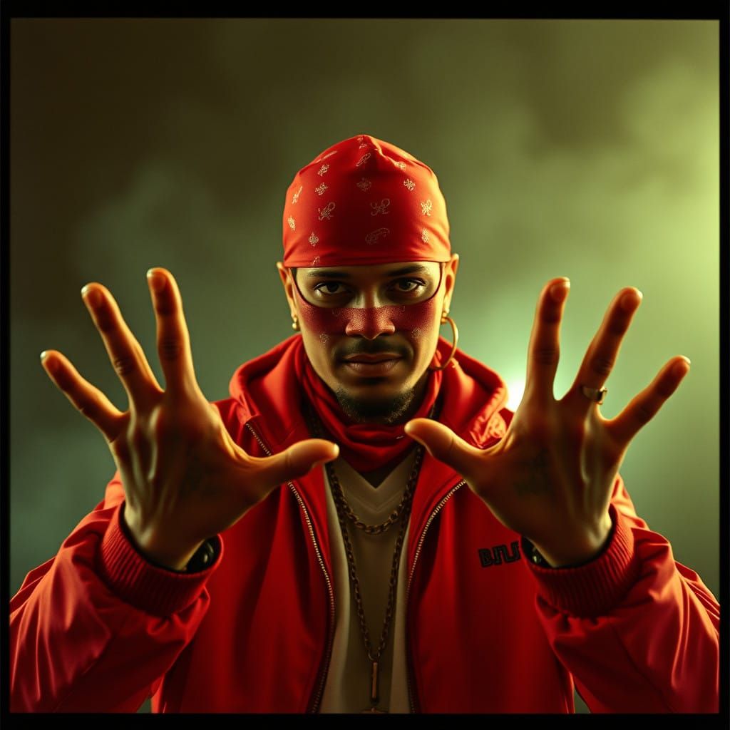 Cinematic Bloods Gang Member in Red Bandana, Flash... - AI Art