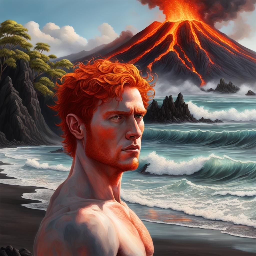 a red-haired man, a full-figured young god of love, looks at me, behind ...