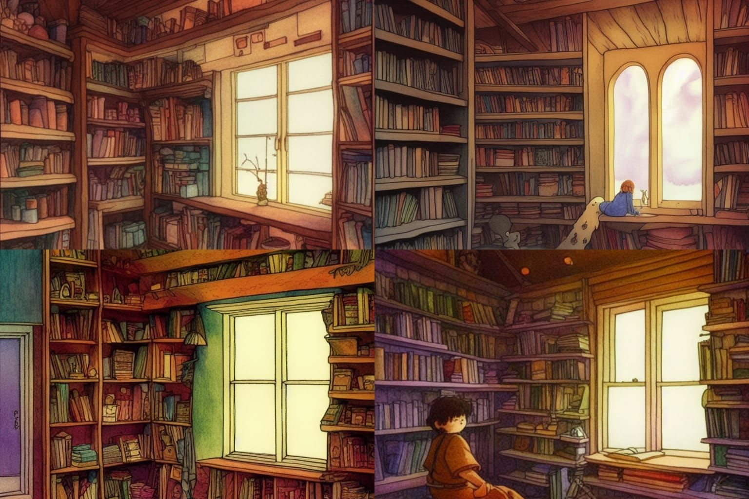 Cozy Cottage Fantasy Bookshelf Dramatic Natural Lighting Colored Pen ...