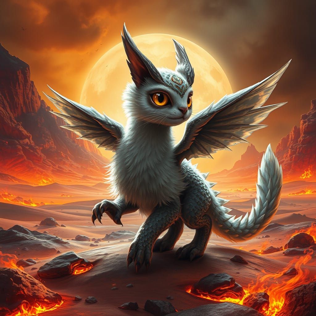 Dragon Cat - Magical Feline Dragon in Desert Landscape with ...