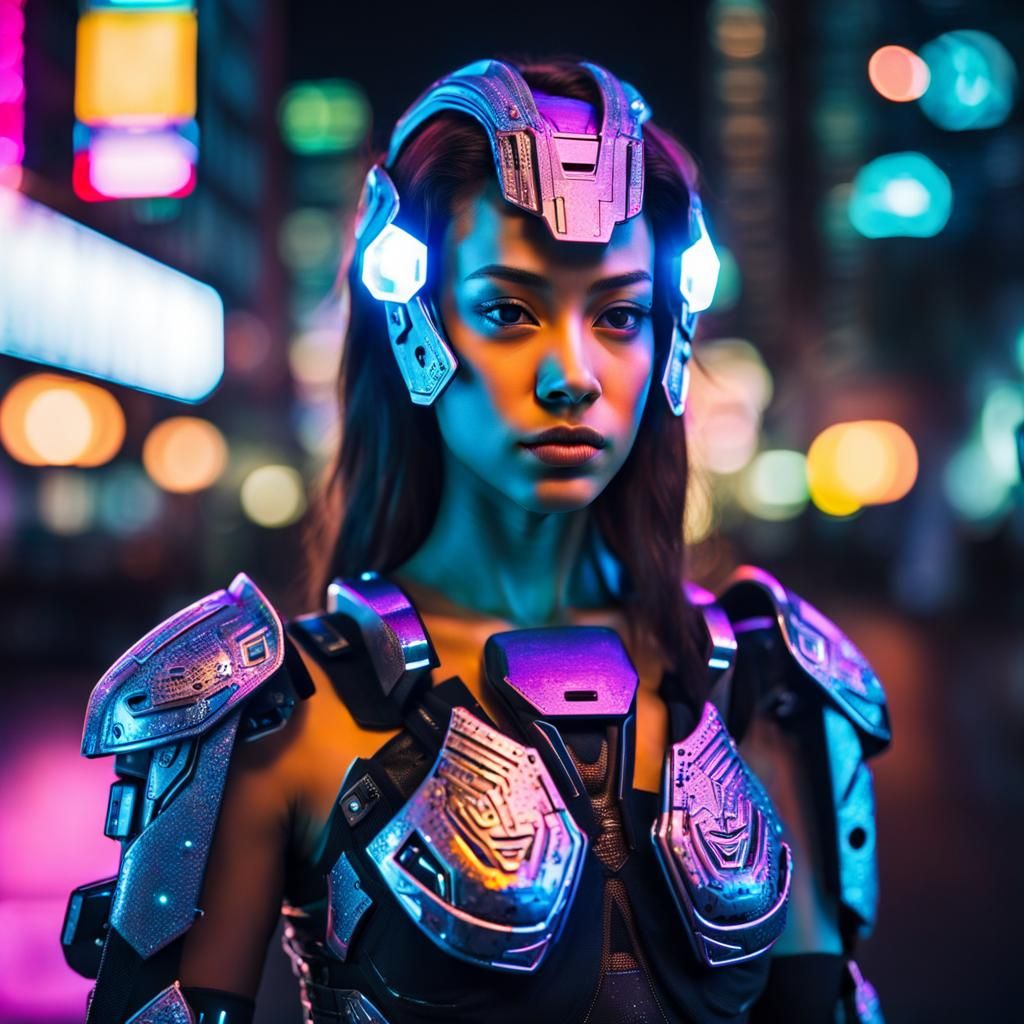 Portrait of a cyborg girl wearing futuristic face armor in a neon city ...