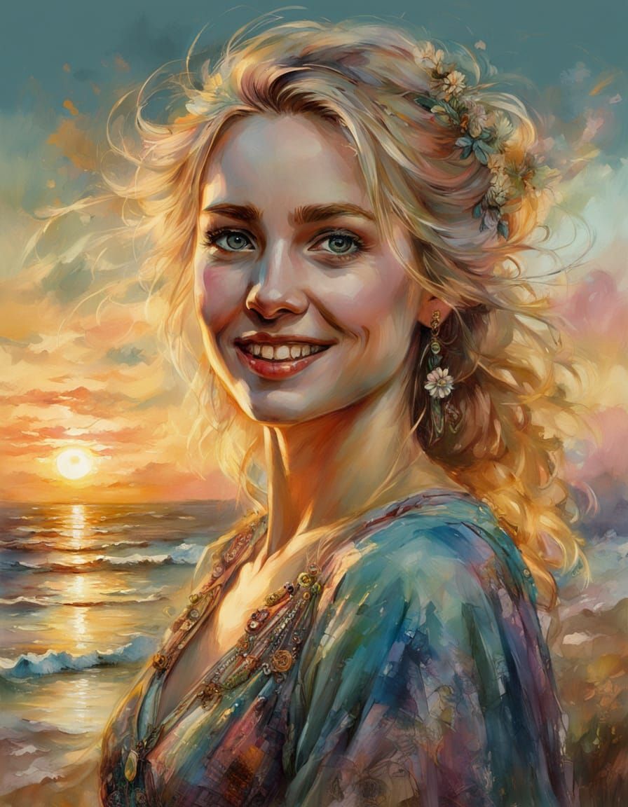 Beautiful Blonde Woman in Sunset Dress, Captured i... - AI Art