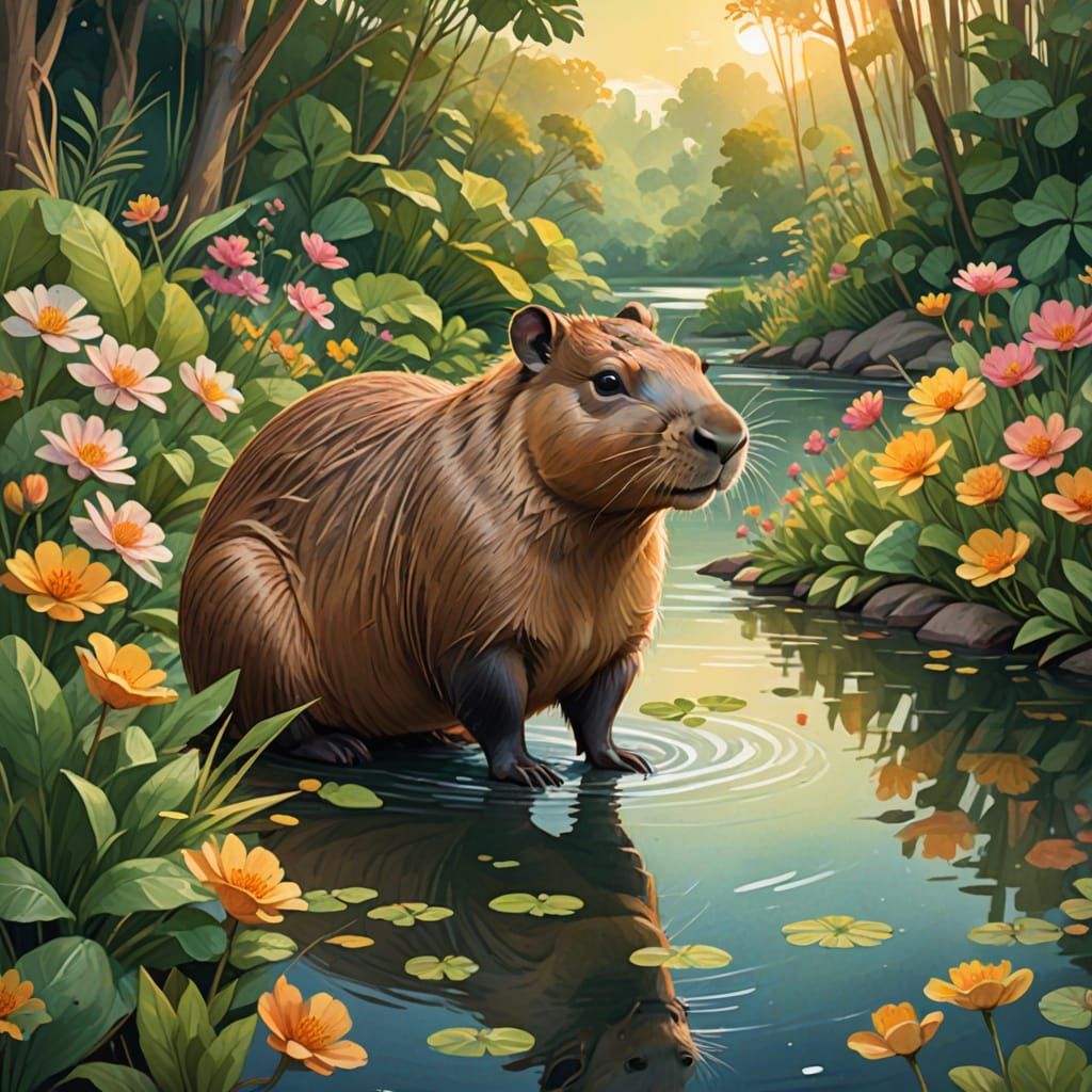 Capybara - Whimsical Capybara Riverbank Scene in Watercolor ...