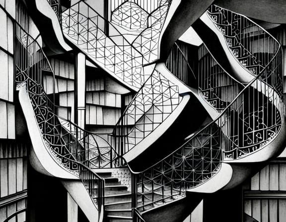 M. C. Escher Escher Escher face and klimt architecture staircase ...