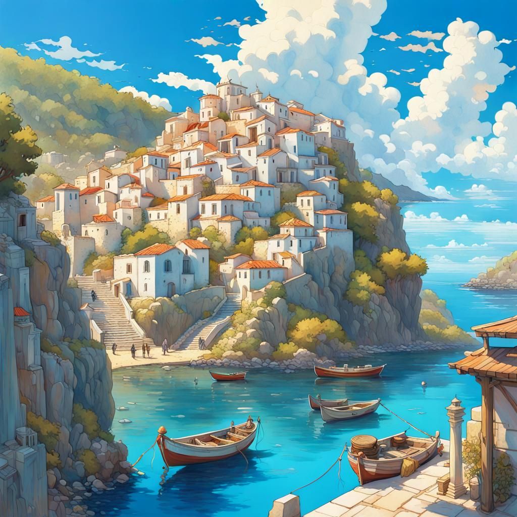 Greek fishing village hot summer's day - AI Generated Artwork ...