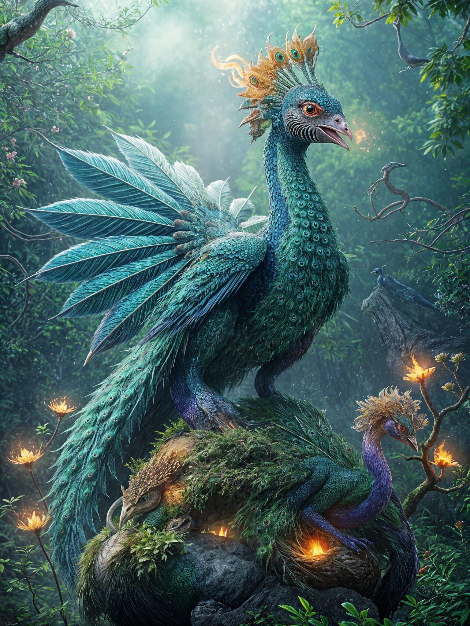 Surreal Dragon Peacock Emerge from Enchanted Garde... - AI Art