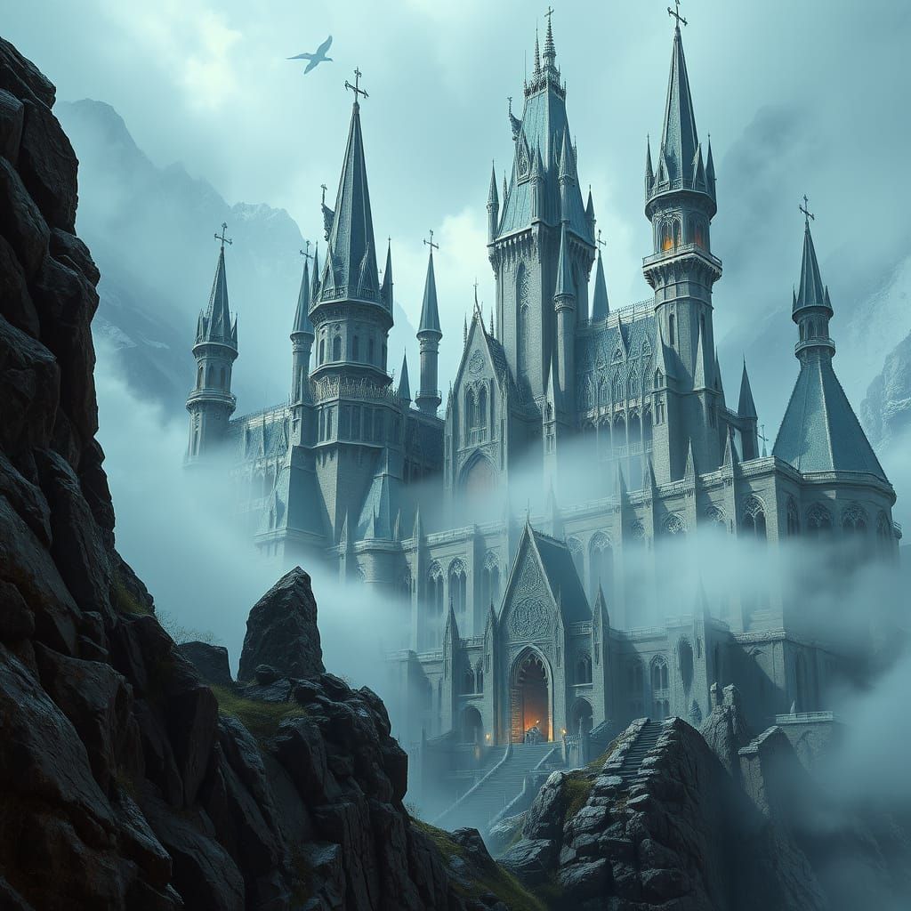 Colossal mega castle - Ethereal Mega Castle Amidst Misty Mo...