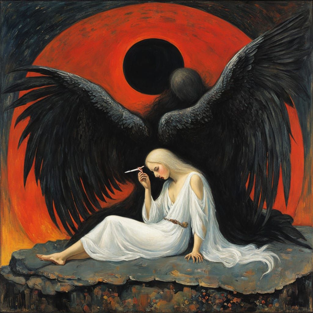 (fallen angel smoking a cigarette, drooping white wings tattered and ...