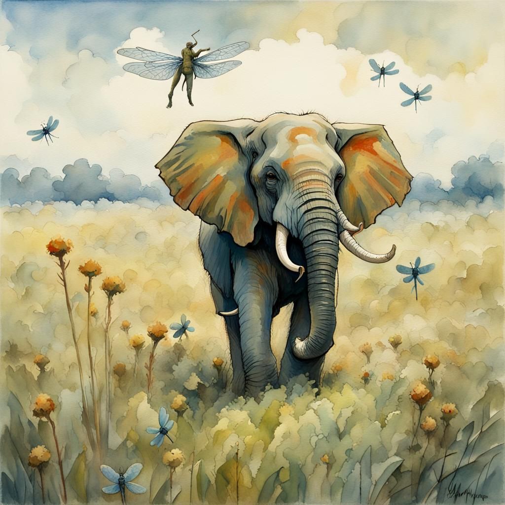 /An elephant with dragonfly wings flies over a field, joyfully ...