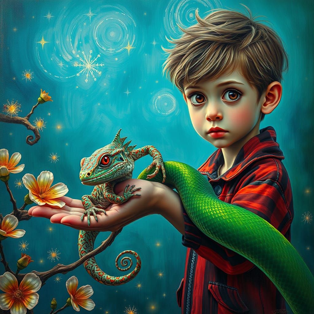 Whimsical Surreal Lizard Scene in Vibrant Colors - AI Art