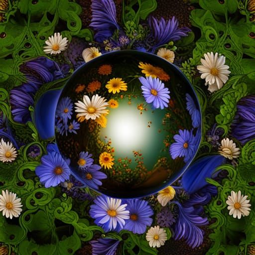 flower covered orb, wild flowers, multi colored, daisies, sunflowers ...