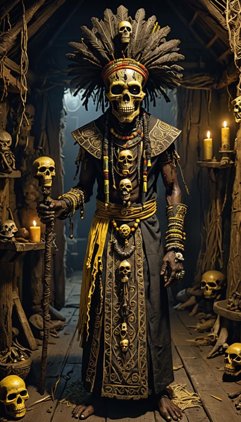 A voodoo priest in the creepy hut, with dark complexion - AI Generated ...