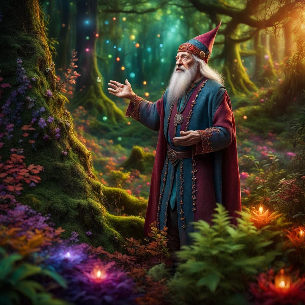 A wise old bearded elf stands amidst a lush and colorful enchanting ...