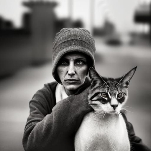 Homeless female with stray cats - AI Generated Artwork - NightCafe Creator