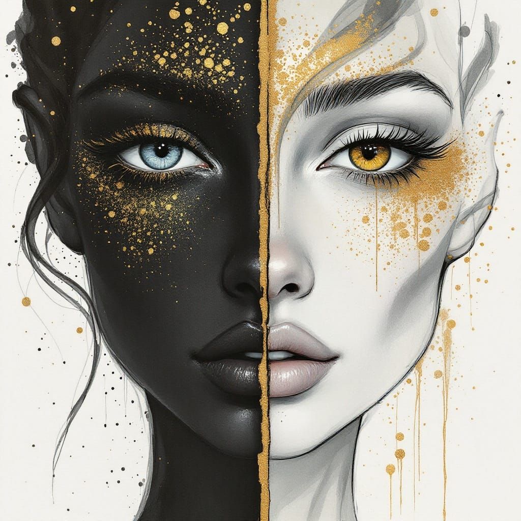 Ethereal Split-Face Portrait with Gold Leaf Accent... - AI Art