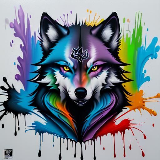 A rainbow wolf graffiti art, splash art, street art, spray paint, oil ...