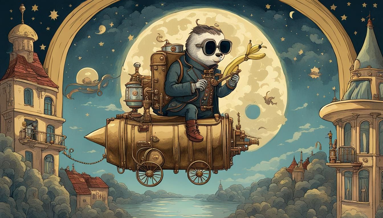 Whimsical illustration of Night Bacon Rocket, a surreal character with ...