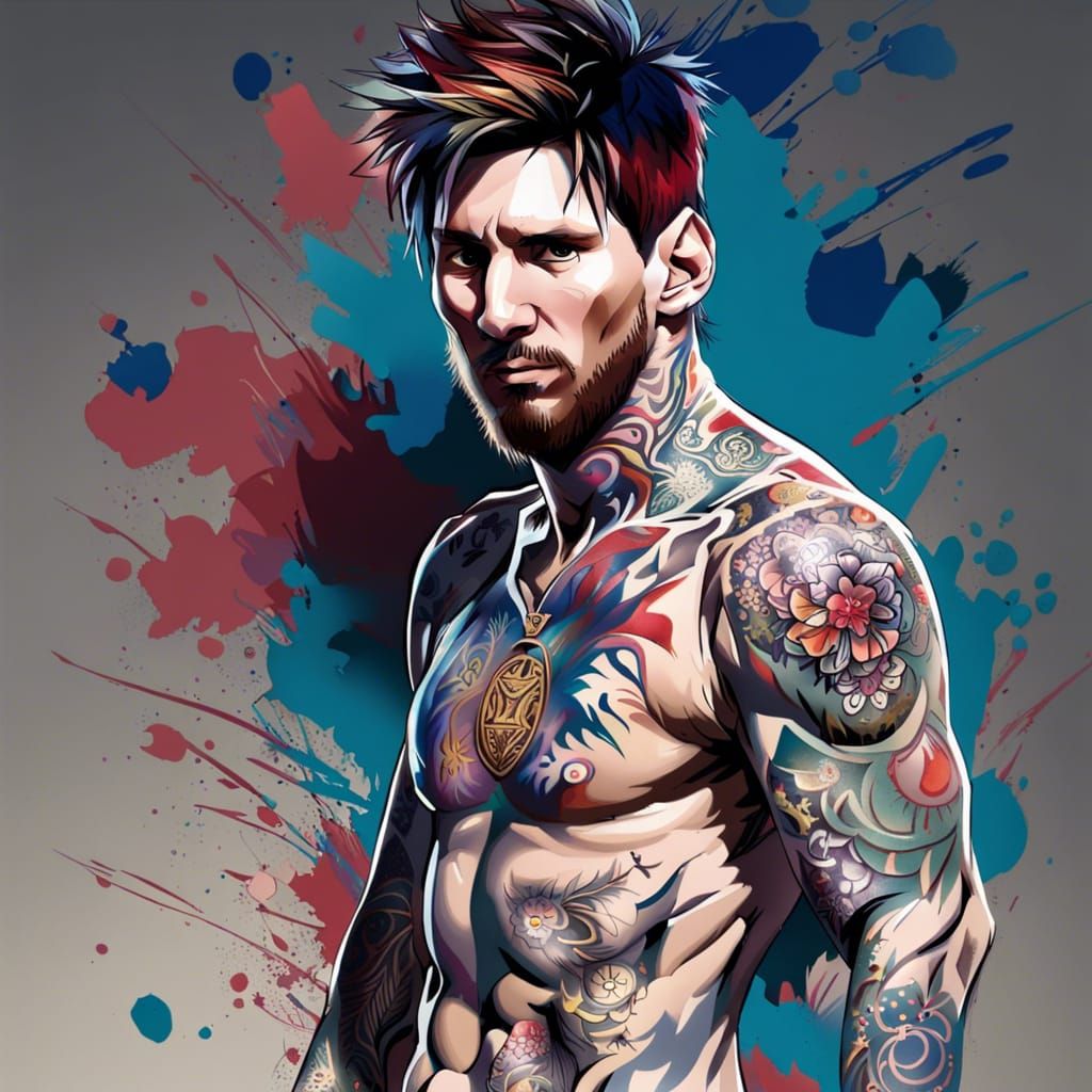 lionel messi as a painting full body with all the deatiled tattoos and ...