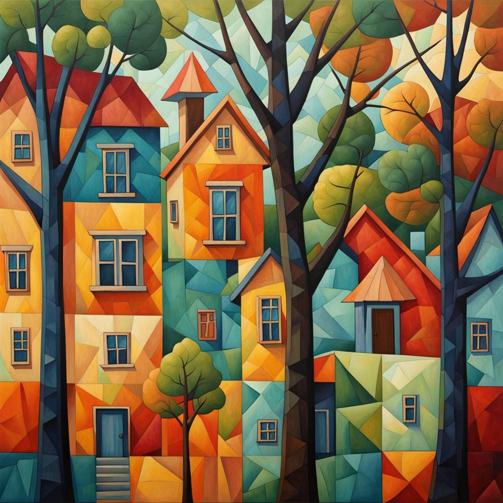 Cubism houses and trees - AI Generated Artwork - NightCafe Creator