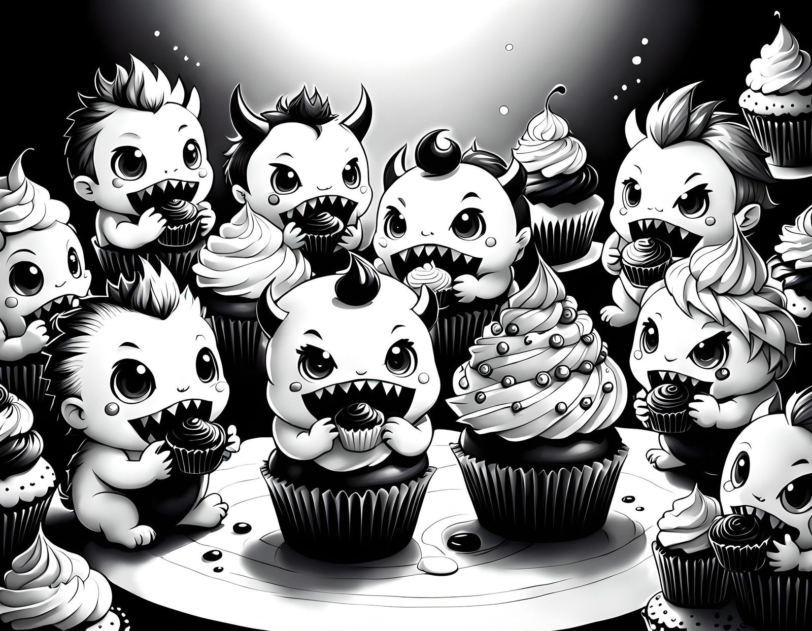 Chibi monsters eating cupcakes - AI Generated Artwork - NightCafe Creator
