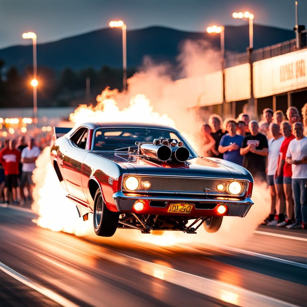 Drag car speeding down the dragpit past blurry people, the drag car has ...
