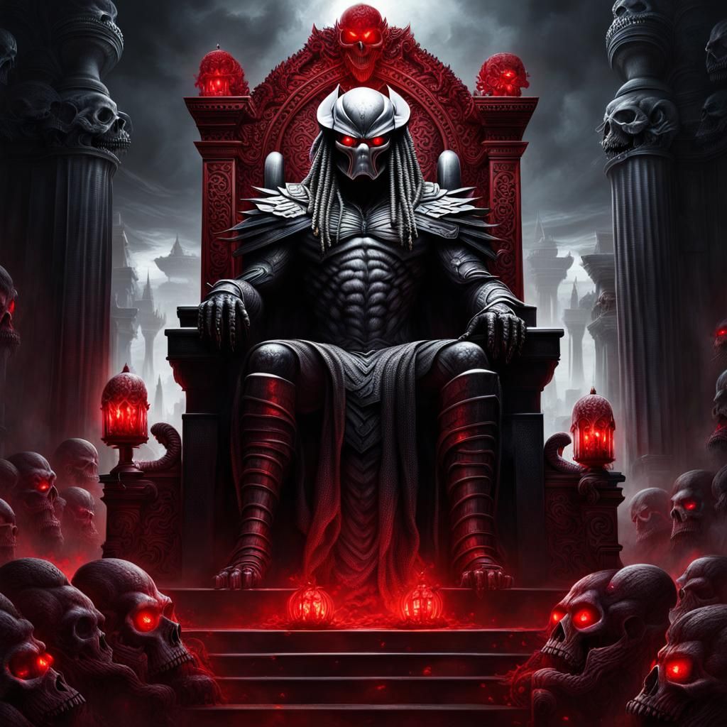 Predator sits on a Throne of skulls,evil red glowing eyes,masterpiece ...