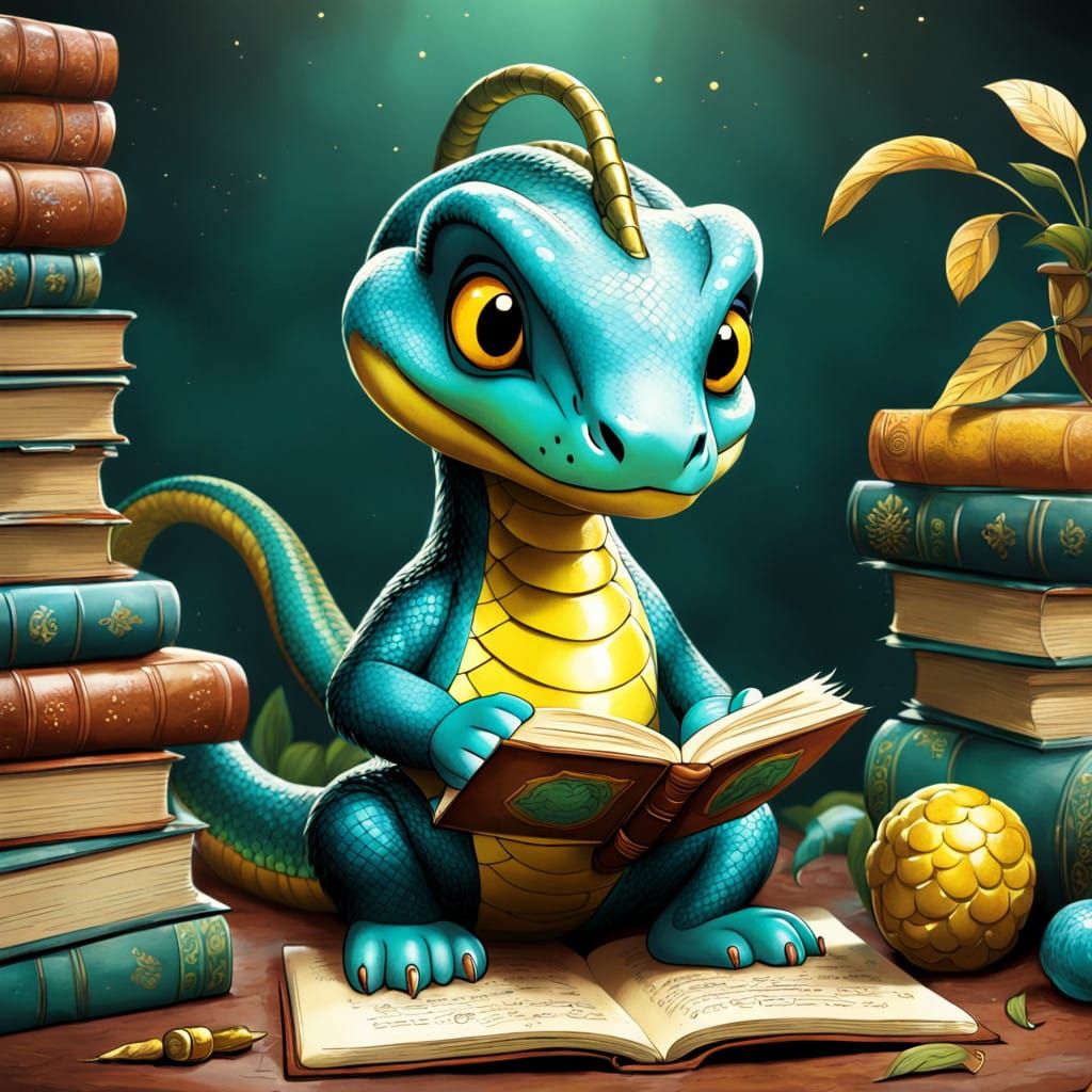 Cute snake reading a book - Enchanted Snake Scholar in Whims...