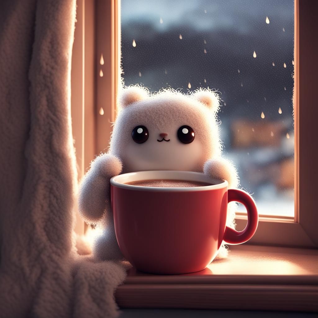 cute fuzzy friend cosy blanket hot chocolate window rain - AI Generated ... cute fuzzy friend cosy blanket hot chocolate window rain - AI Generated ...