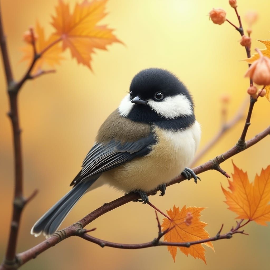 Chickadee - Whimsical Autumn Chickadee Perched in Golden Lig...