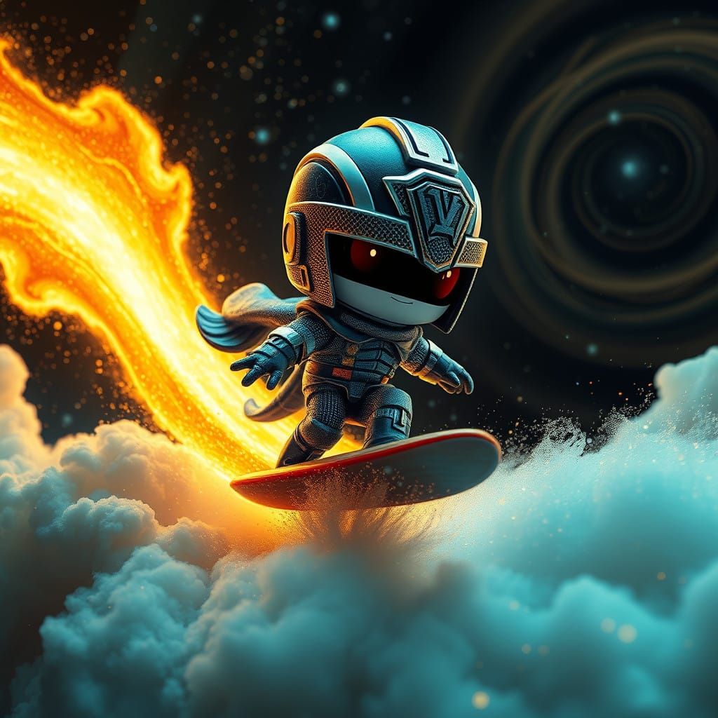 Kawaii Judge Dredd Surfer Rides Golden Comet - AI Art