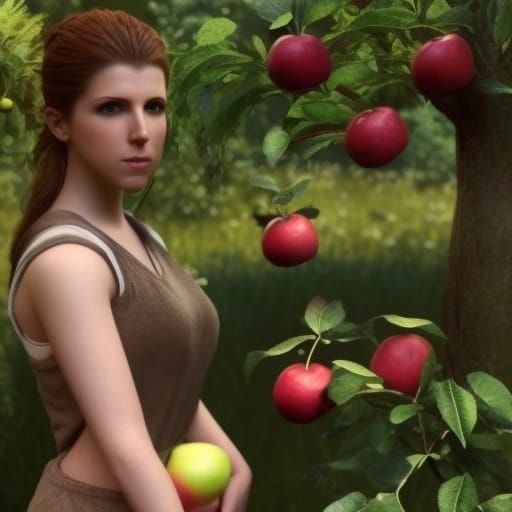 Anna Kendrick as Eve, Garden of Eden, picking an apple, apples - AI ...