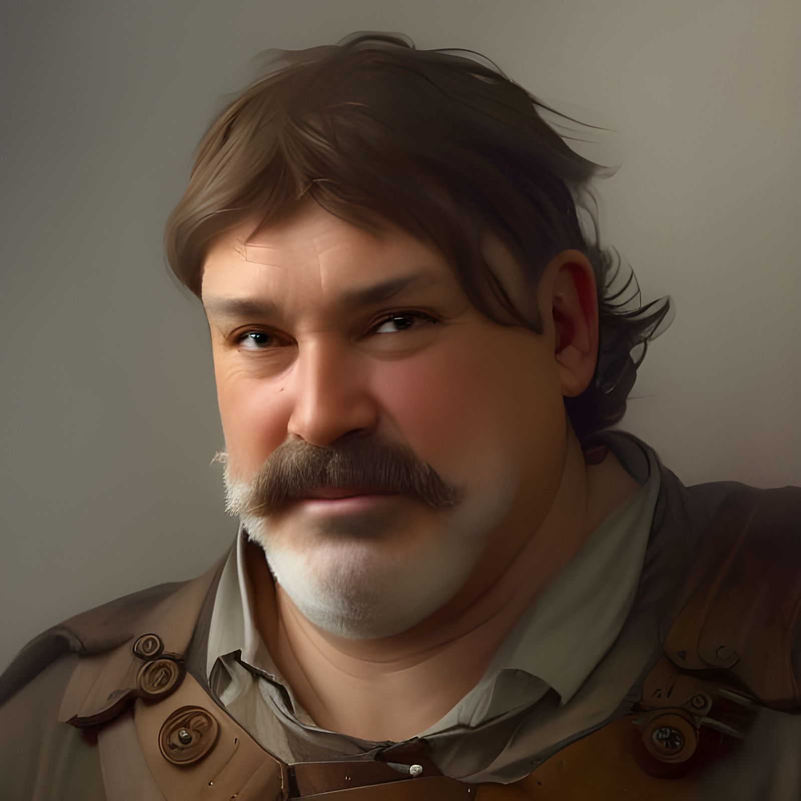 Middle-aged happy pudgy male medieval trader with brown hair and brown ...