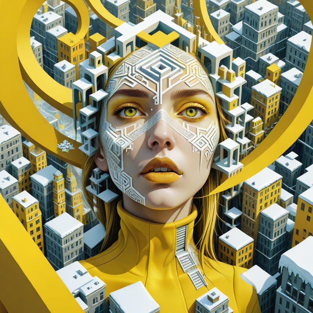 Mystical Cityscape Envelops Woman in Icy Yellow Hu... - AI Art