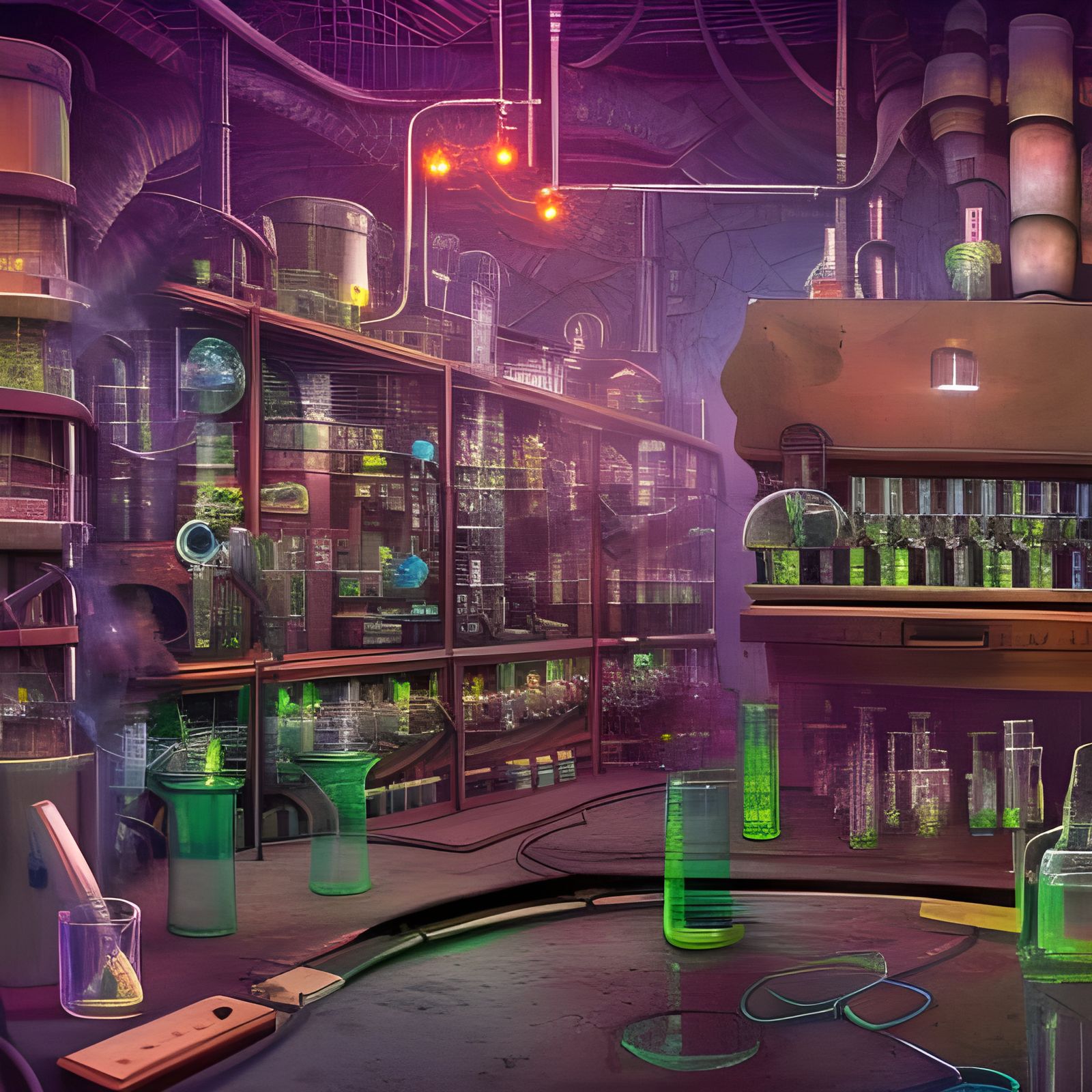 Create mid view of mad scientist's laboratory, stone walls, Two tesla ...