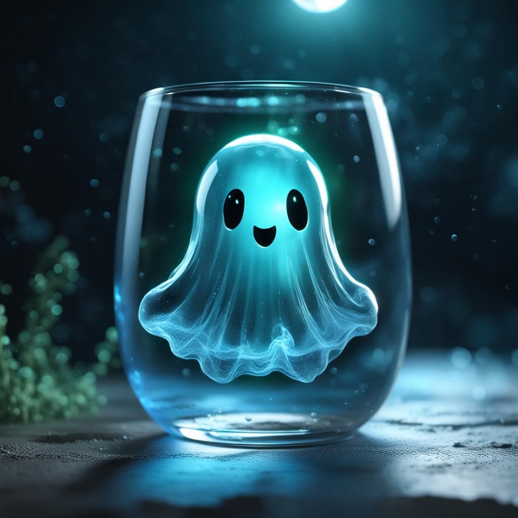 blue reflective cute glass ghost floating in outer space soft glow of ...