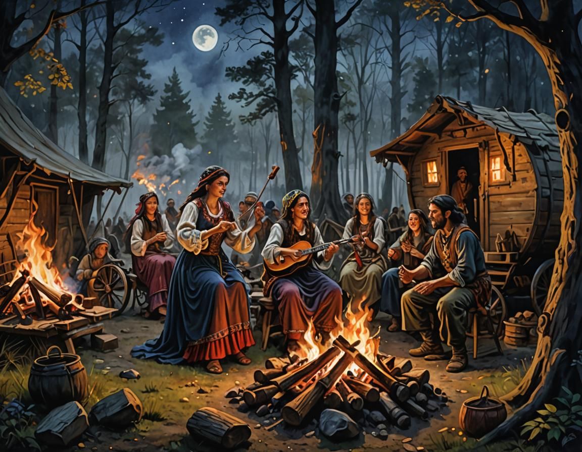 Medieval gypsy family celebrates, plays music and dances around a ...