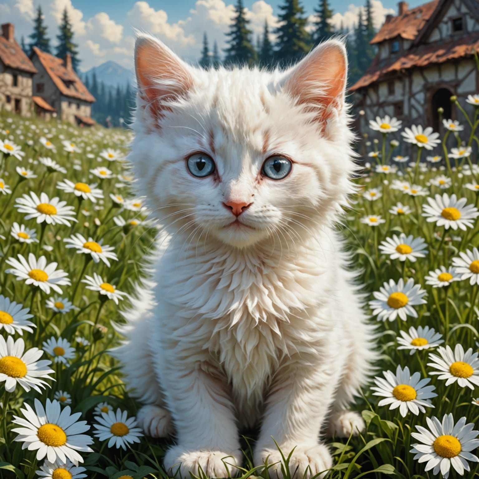 Kitten - Whimsical Kitten Amidst Vibrant Daisies in an Artis...