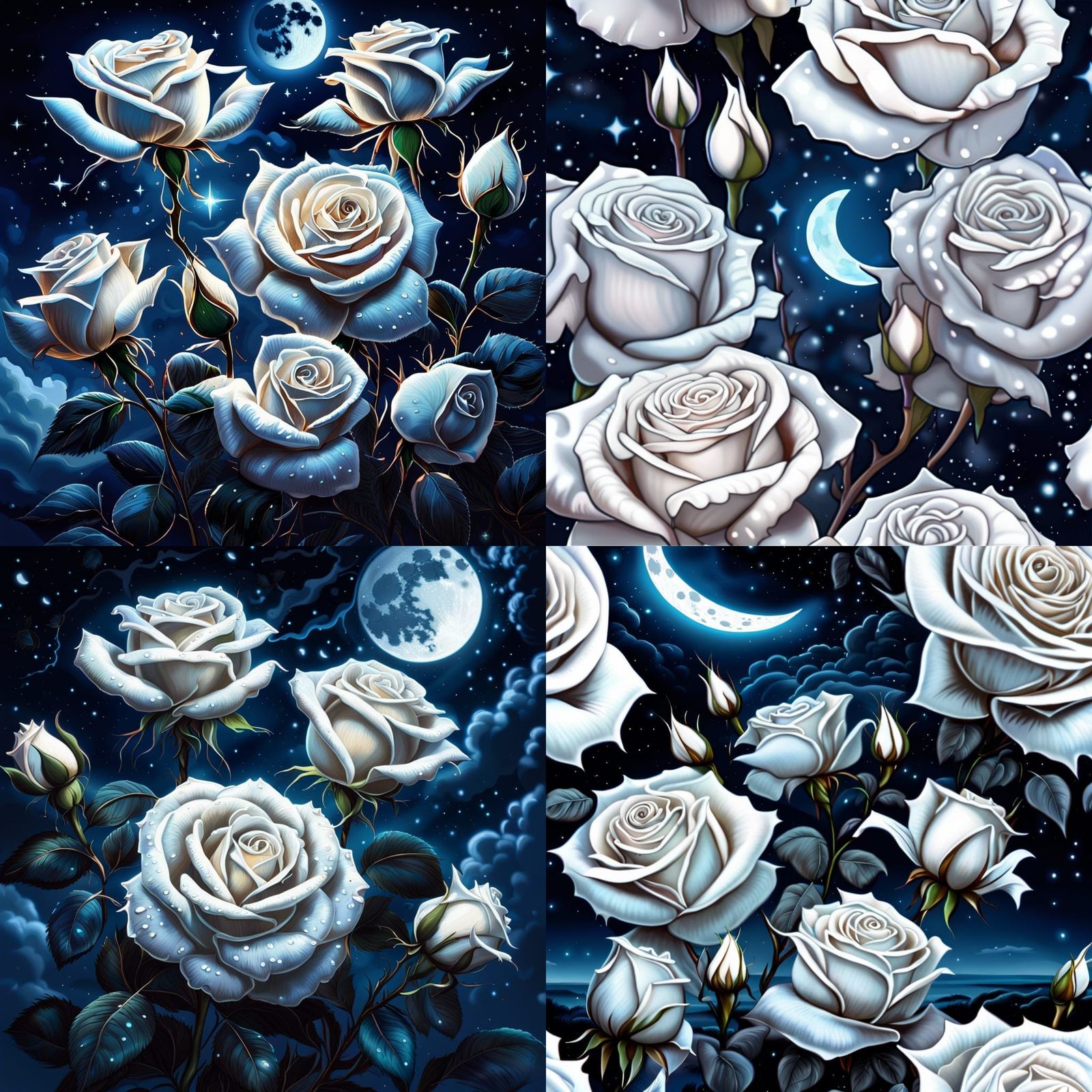 Glowing White roses under a moonlit sky, Hyperrealistic, splash art ...