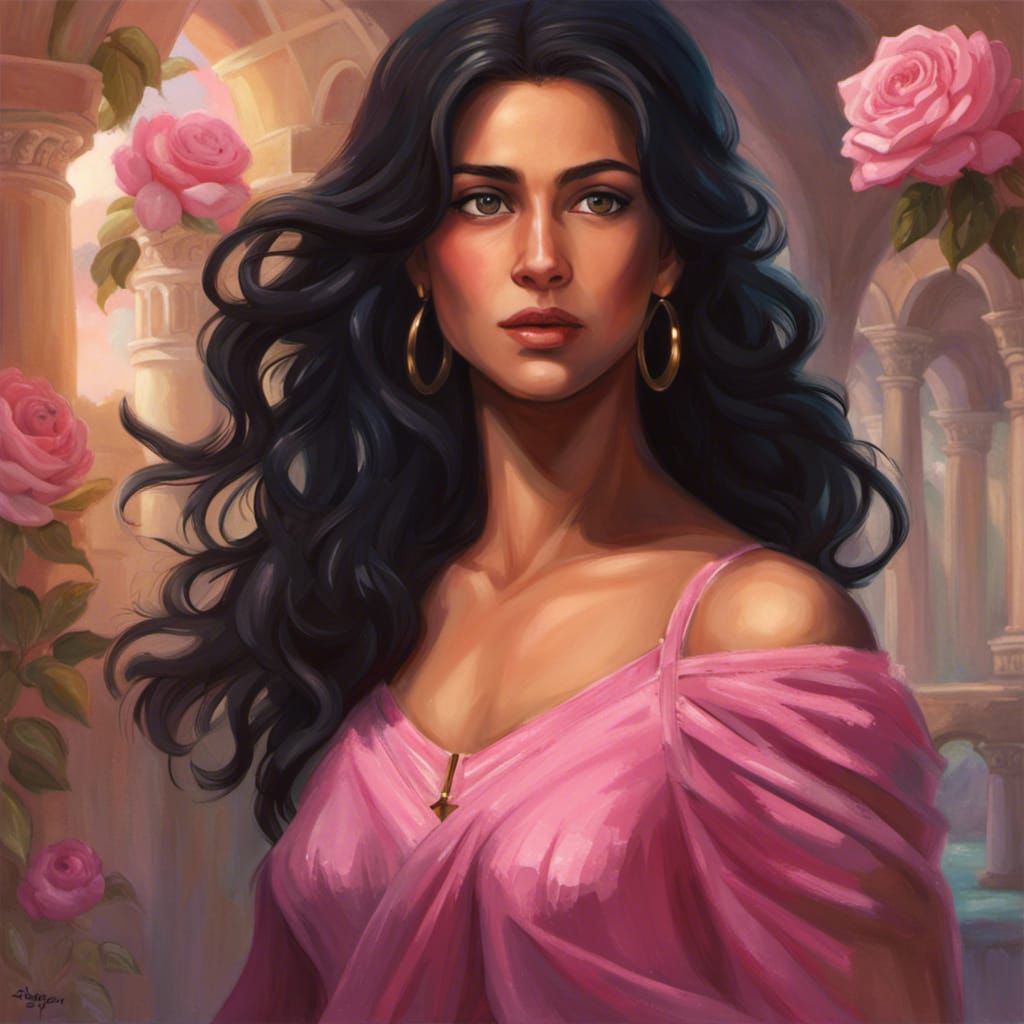 A pretty woman with black hair, tan skin, and pink eyes. Naomi Scott ...