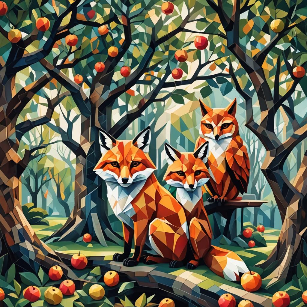 a group of foxes sitting next to a tree - AI Generated Artwork ...