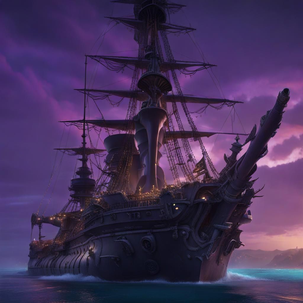 Uss Missouri as pirate ship in Tortuga bay, in the style of world of ...