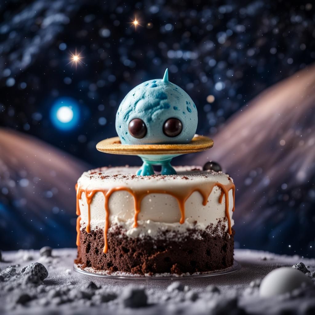 Photograph, Macro, Tasty Cake of miniature alien spaceship with alien ...